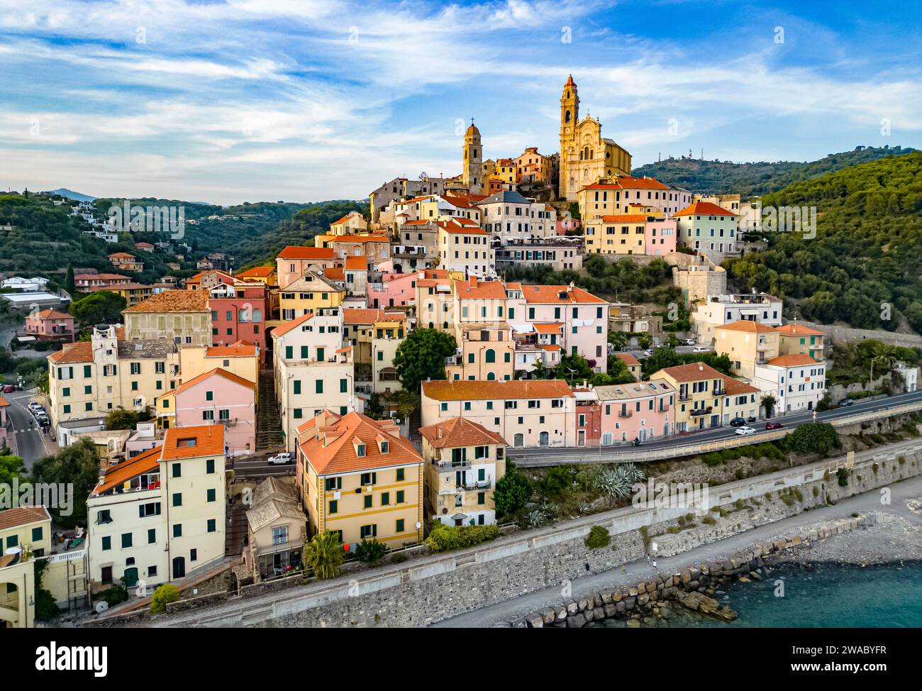 Aerial view of the village of Cervo on the Italian Riviera in the ...
