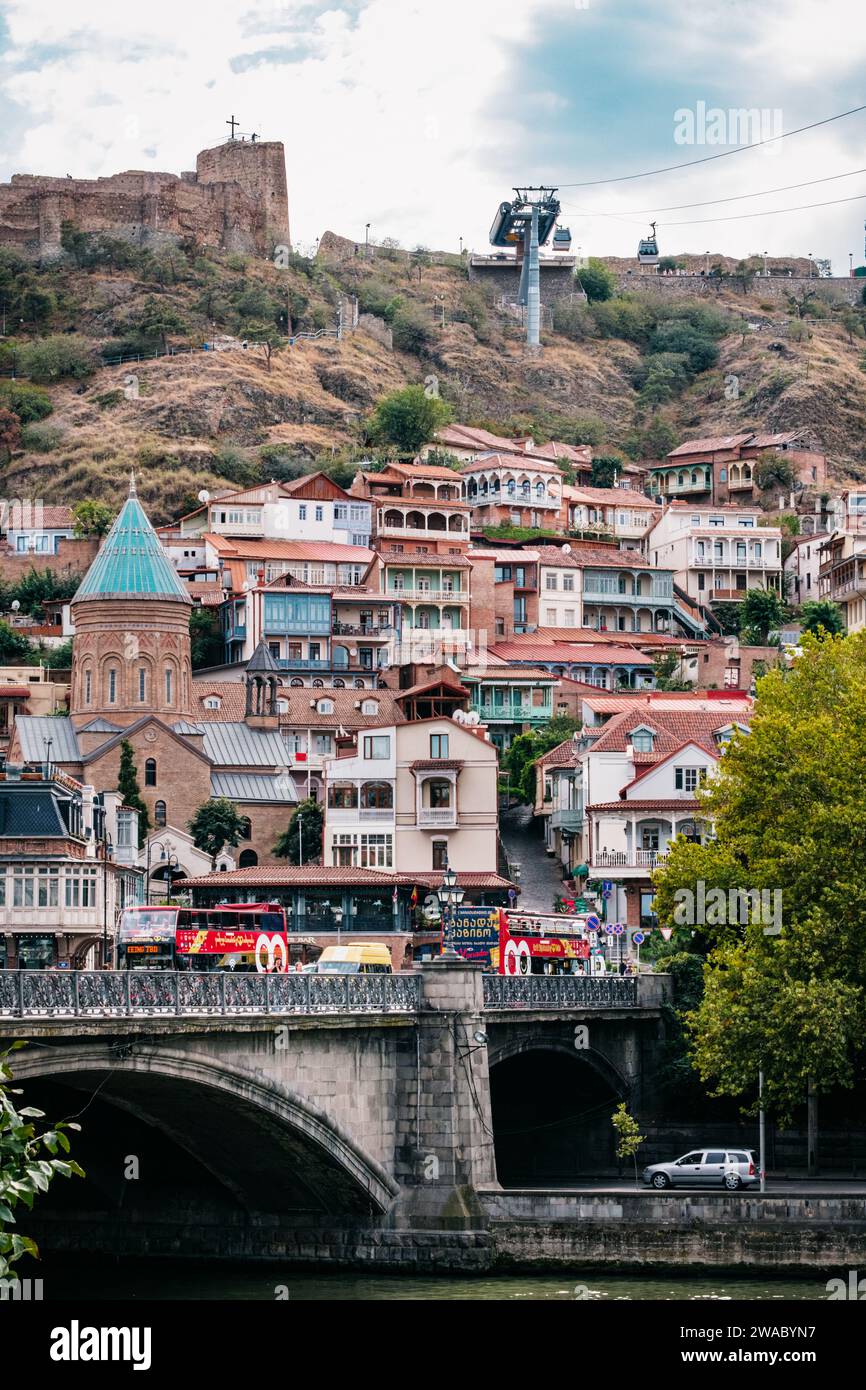 View on the Narikala fortress wall, the Tbilisi ropeway and the blue ...