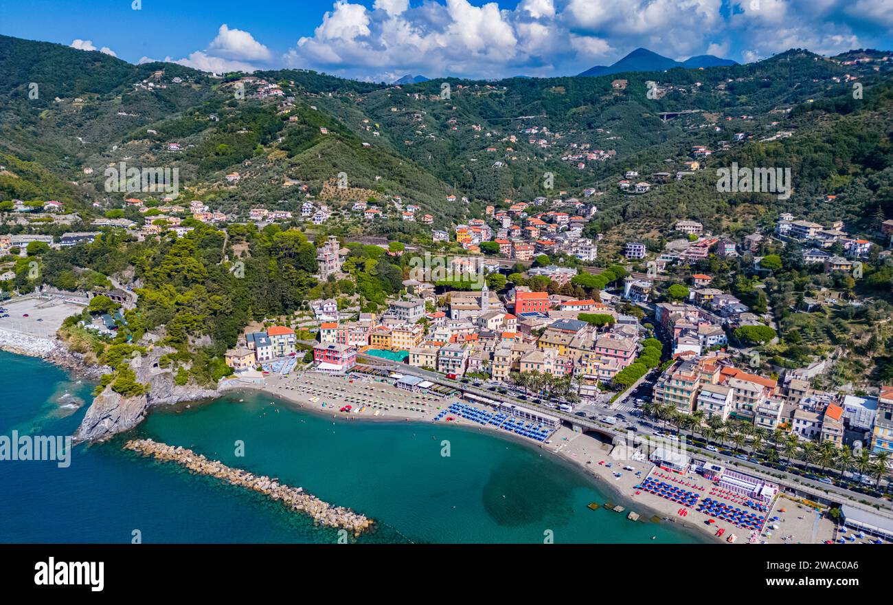 Aerial view of Moneglia, a tourist resort on the Riviera di Levante ...