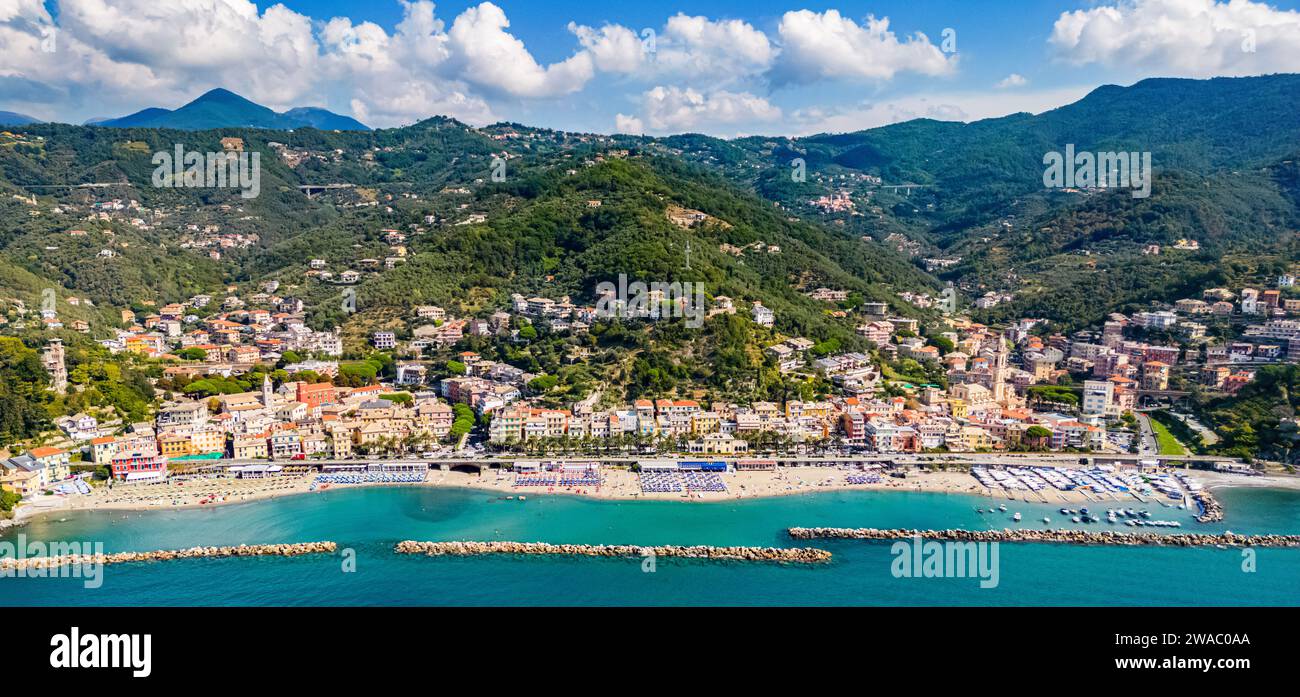Aerial view of Moneglia, a tourist resort on the Riviera di Levante ...