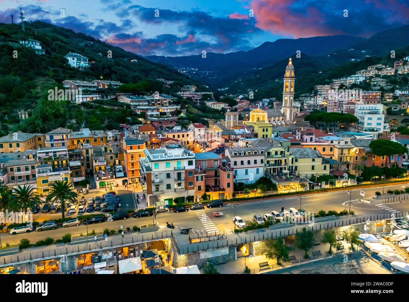Aerial view of Moneglia, a tourist resort on the Riviera di Levante ...