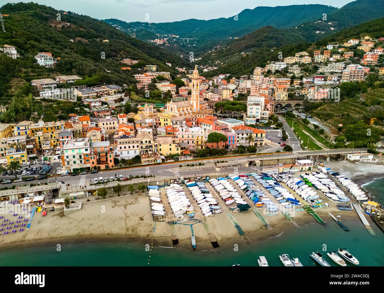 Aerial view of Moneglia, a tourist resort on the Riviera di Levante ...