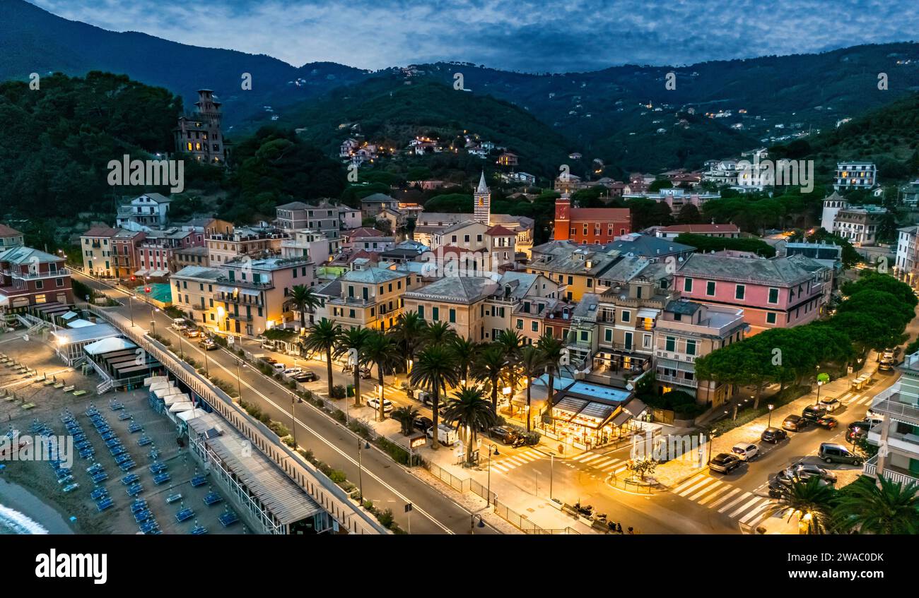 Aerial view of Moneglia, a tourist resort on the Riviera di Levante ...