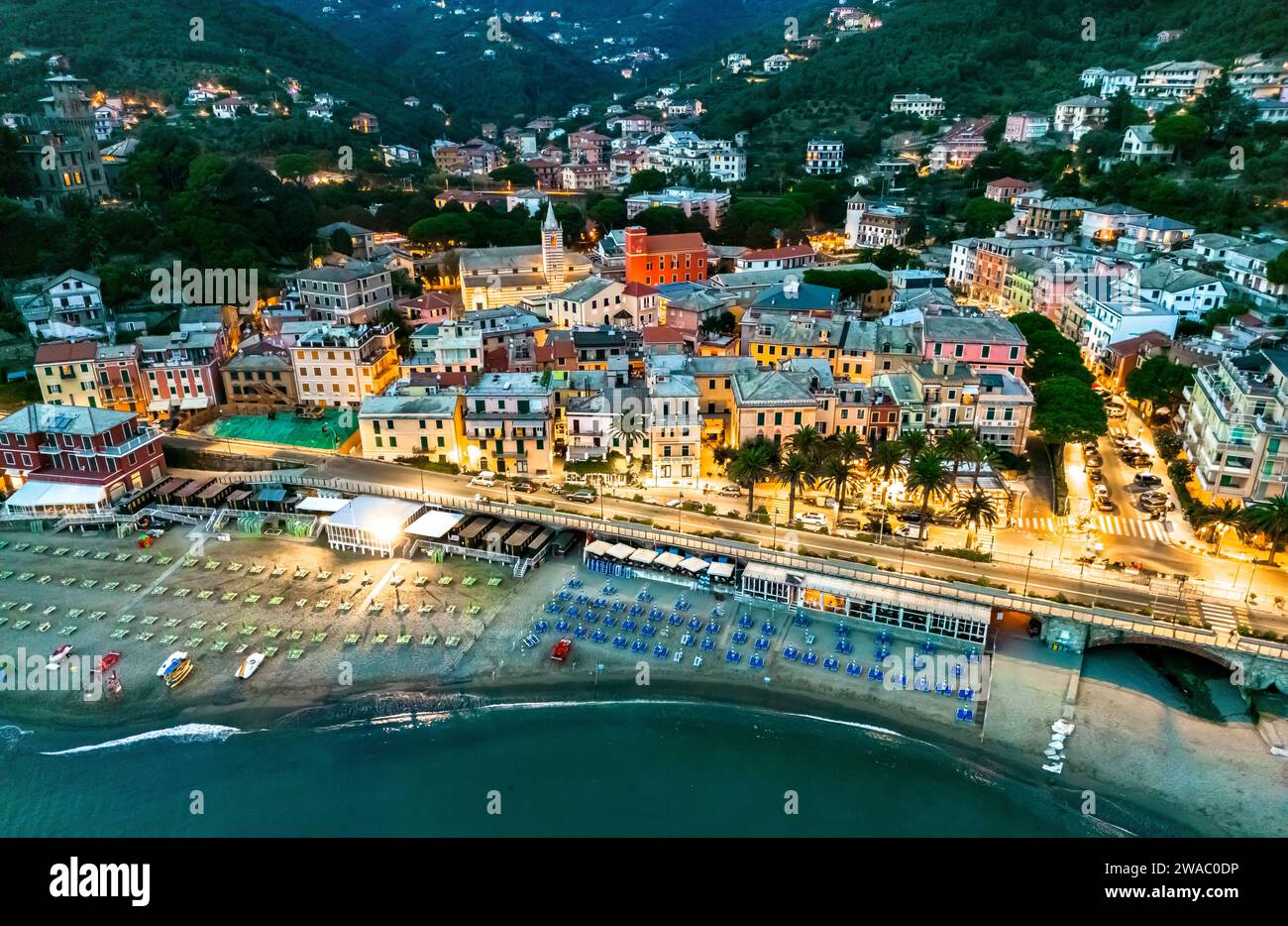 Aerial view of Moneglia, a tourist resort on the Riviera di Levante ...