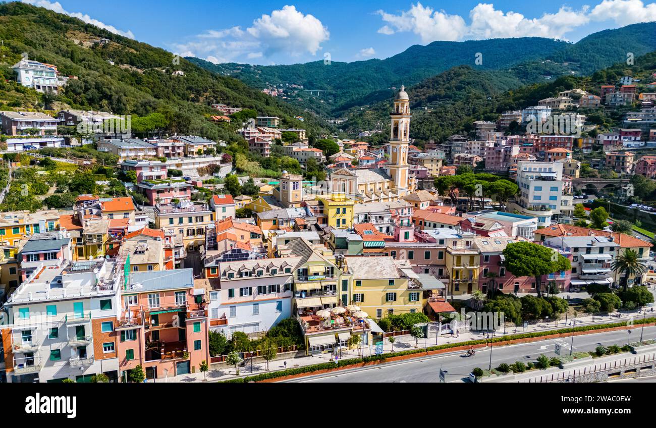 Aerial view of Moneglia, a tourist resort on the Riviera di Levante ...