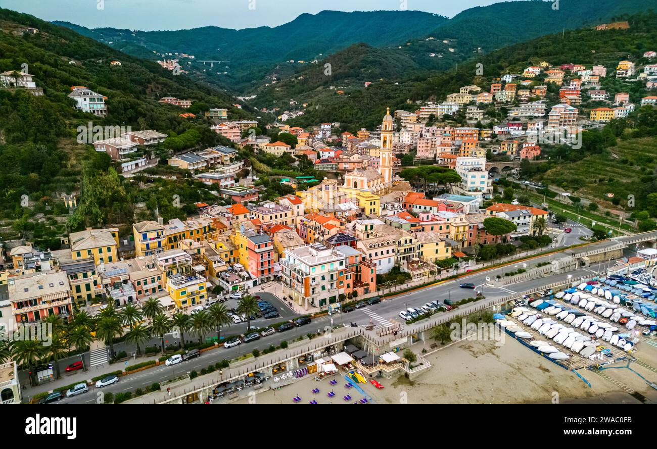Aerial view of Moneglia, a tourist resort on the Riviera di Levante ...