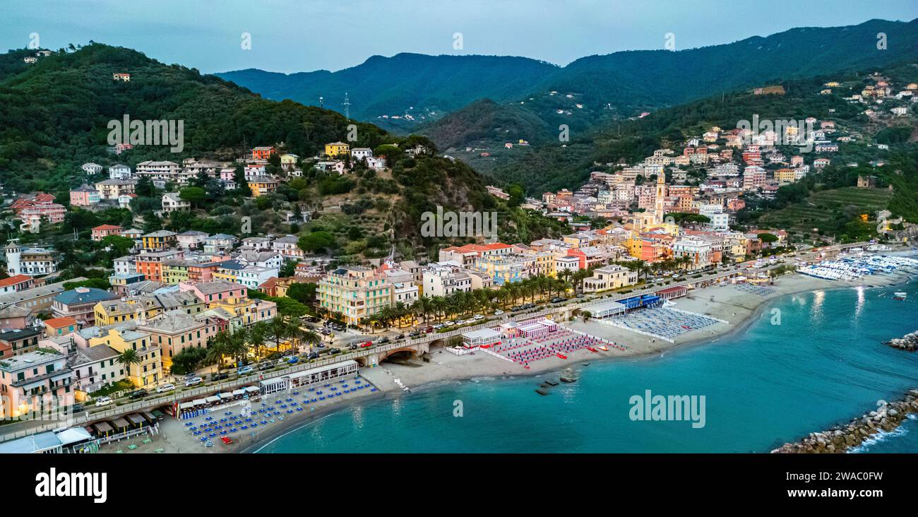 Aerial view of the Moneglia, a tourist resort on the Riviera di Levante ...