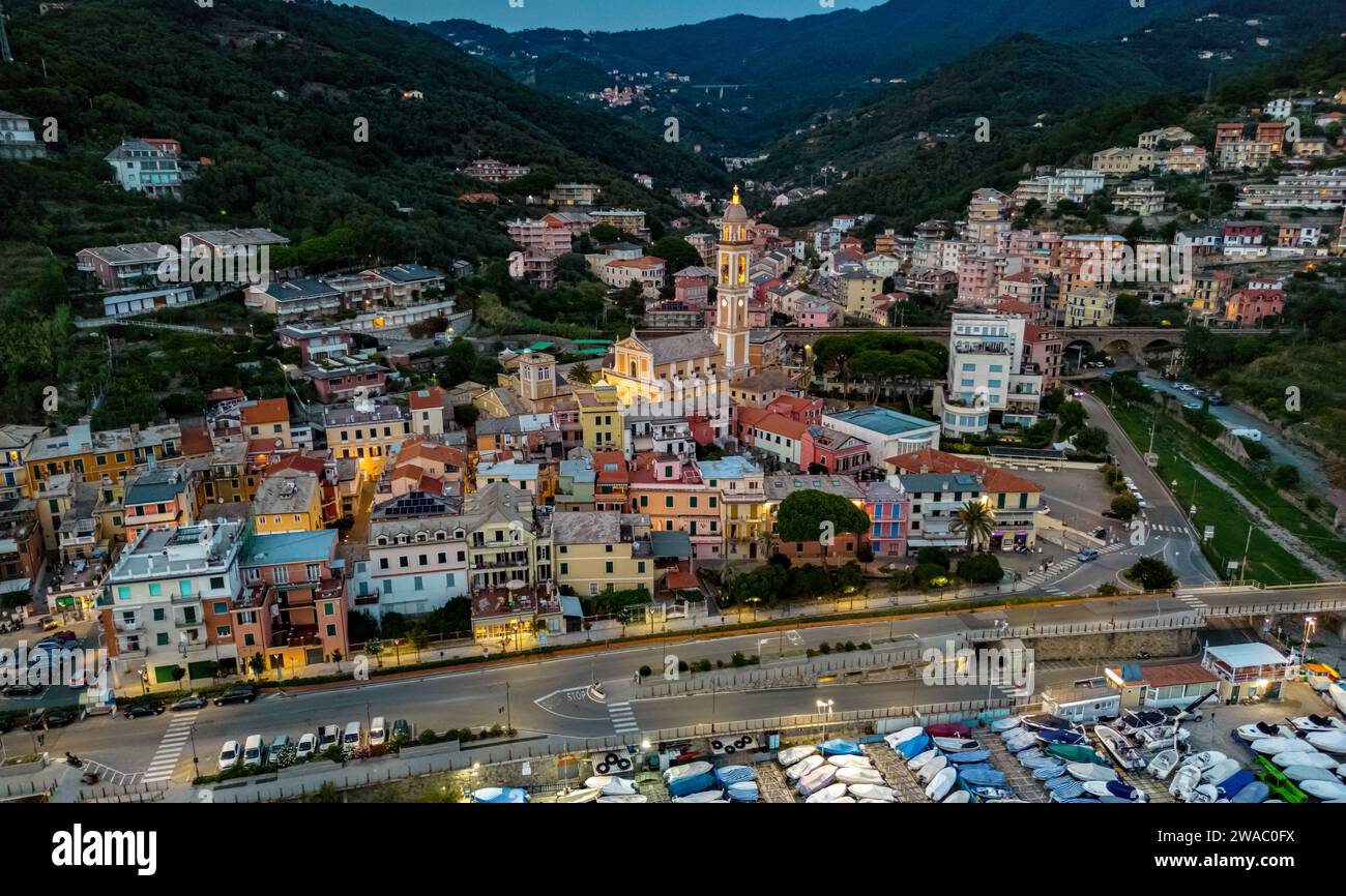 Aerial view of Moneglia, a tourist resort on the Riviera di Levante ...
