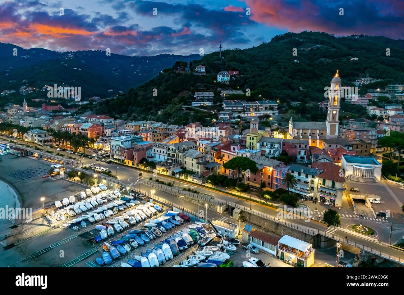Aerial view of Moneglia, a tourist resort on the Riviera di Levante ...