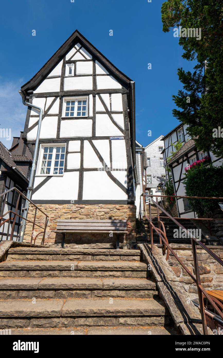 The old town centre of Essen-Kettwig, Ruhrstrasse, church steps, night ...
