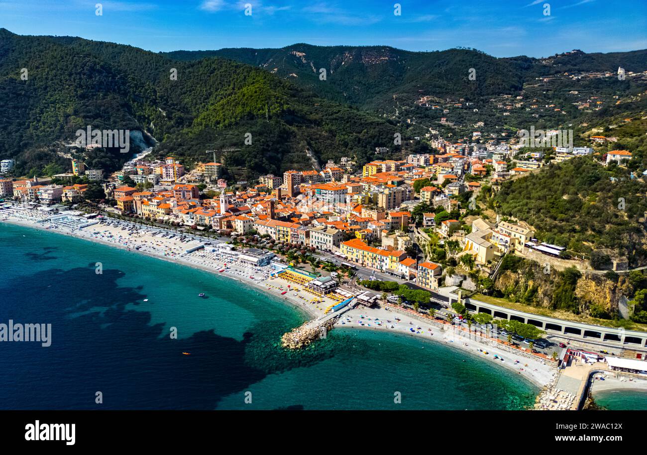 Aerial view of Noli on the Italian Riviera in the province of Savona ...