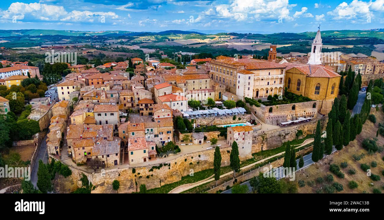 Aerial view of Pienza, a town in the province of Siena, Tuscany, in the ...