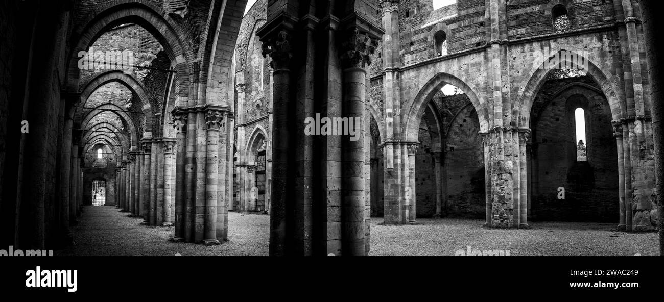Nave of the ruined and abandoned Cistercian monastery San Galgano in ...