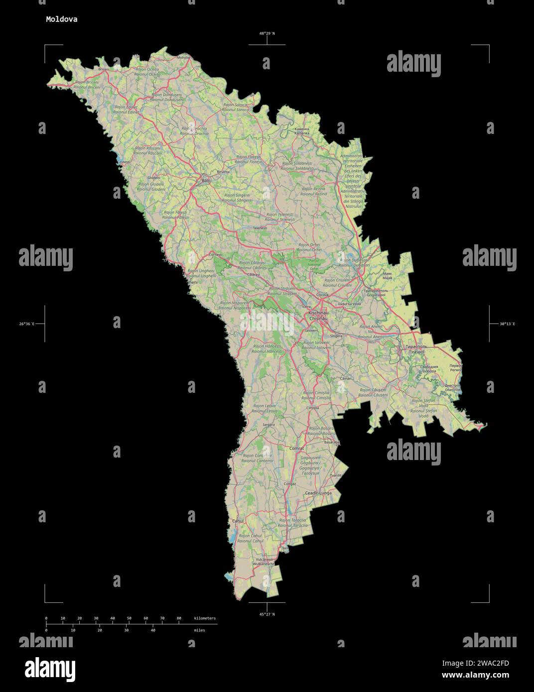 Shape of a topographic, OSM Germany style map of the Moldova, with ...