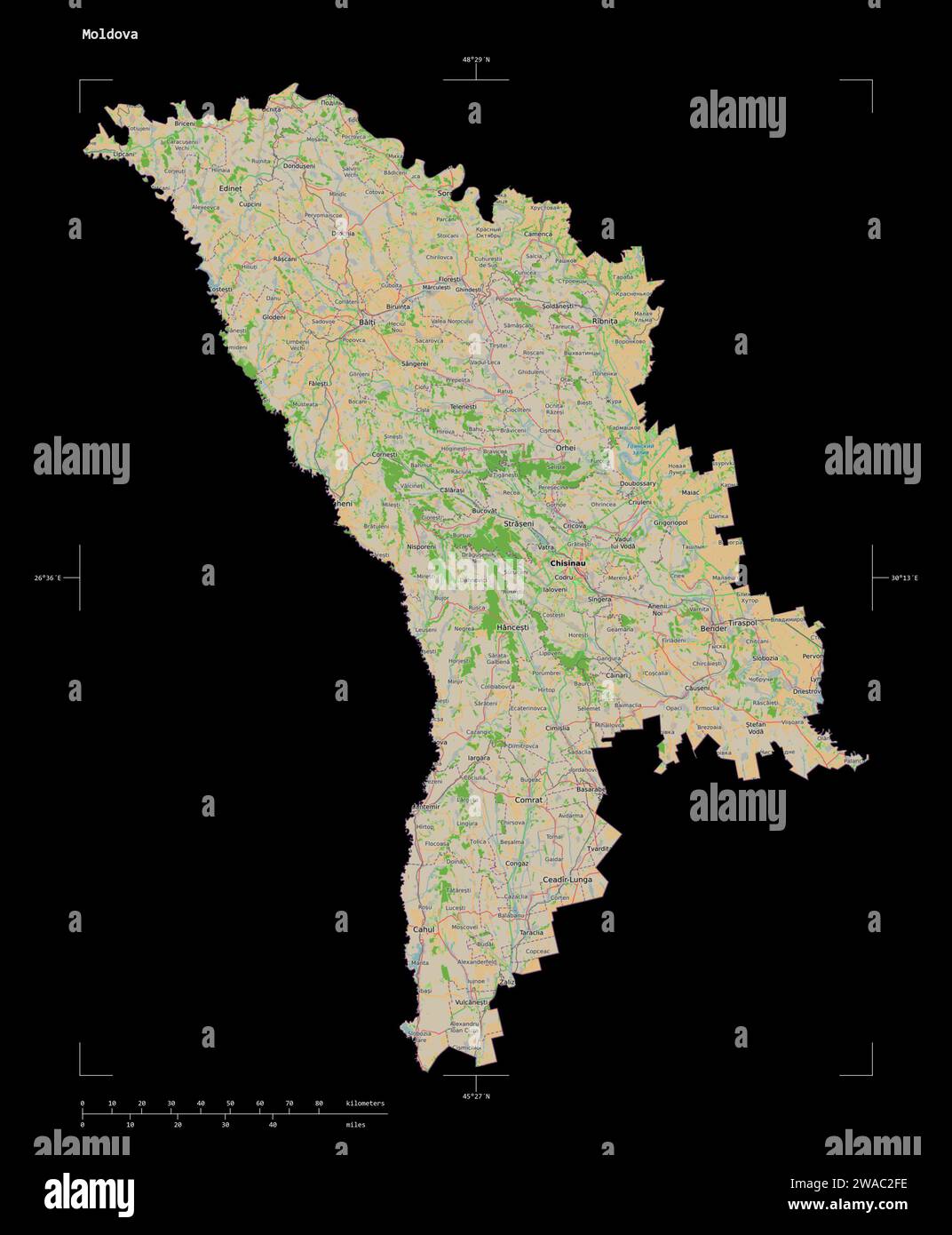 Shape of a topographic, OSM France style map of the Moldova, with ...