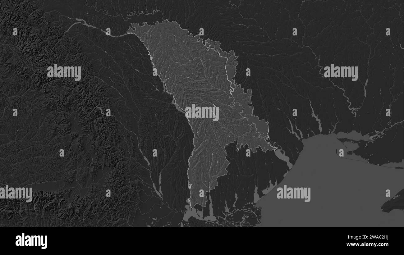 Moldova highlighted on a Bilevel elevation map with lakes and rivers ...