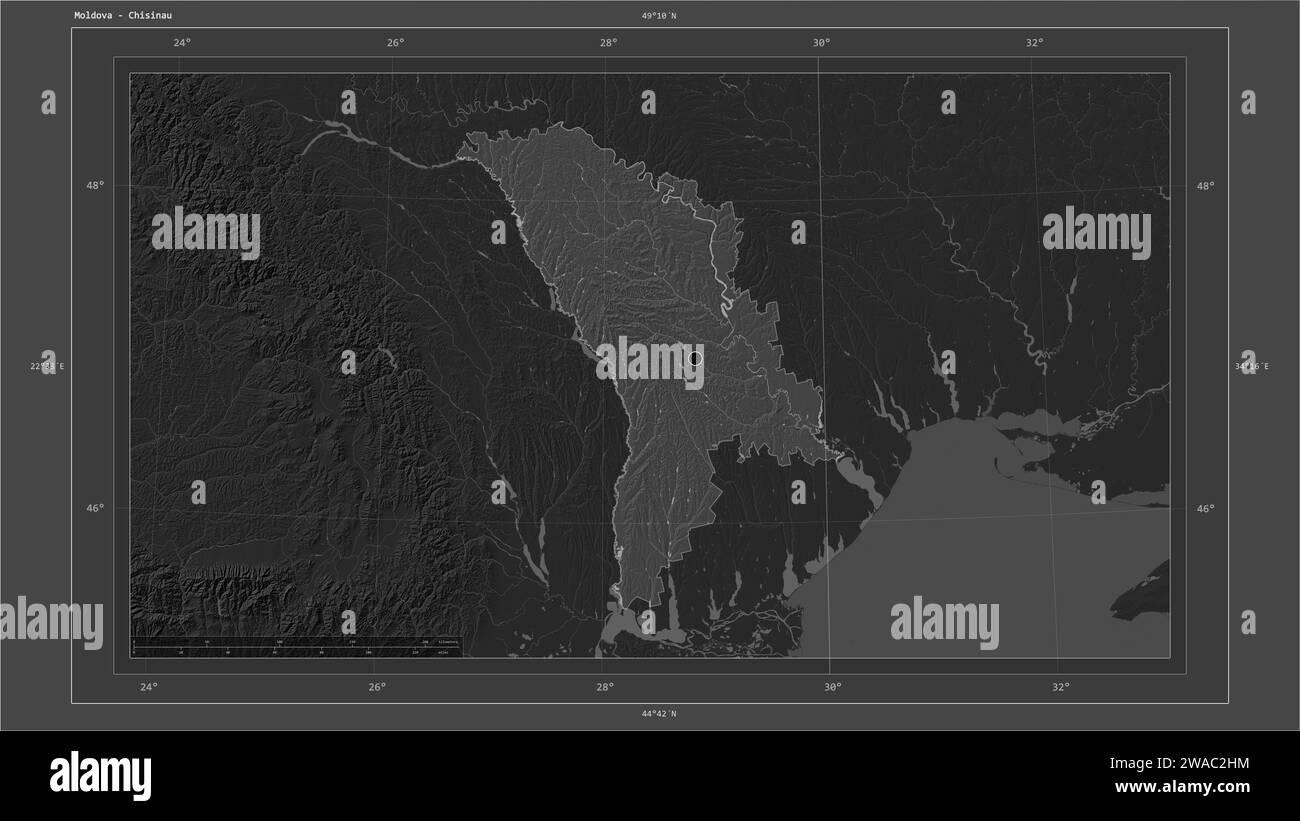 Moldova highlighted on a Bilevel elevation map with lakes and rivers ...