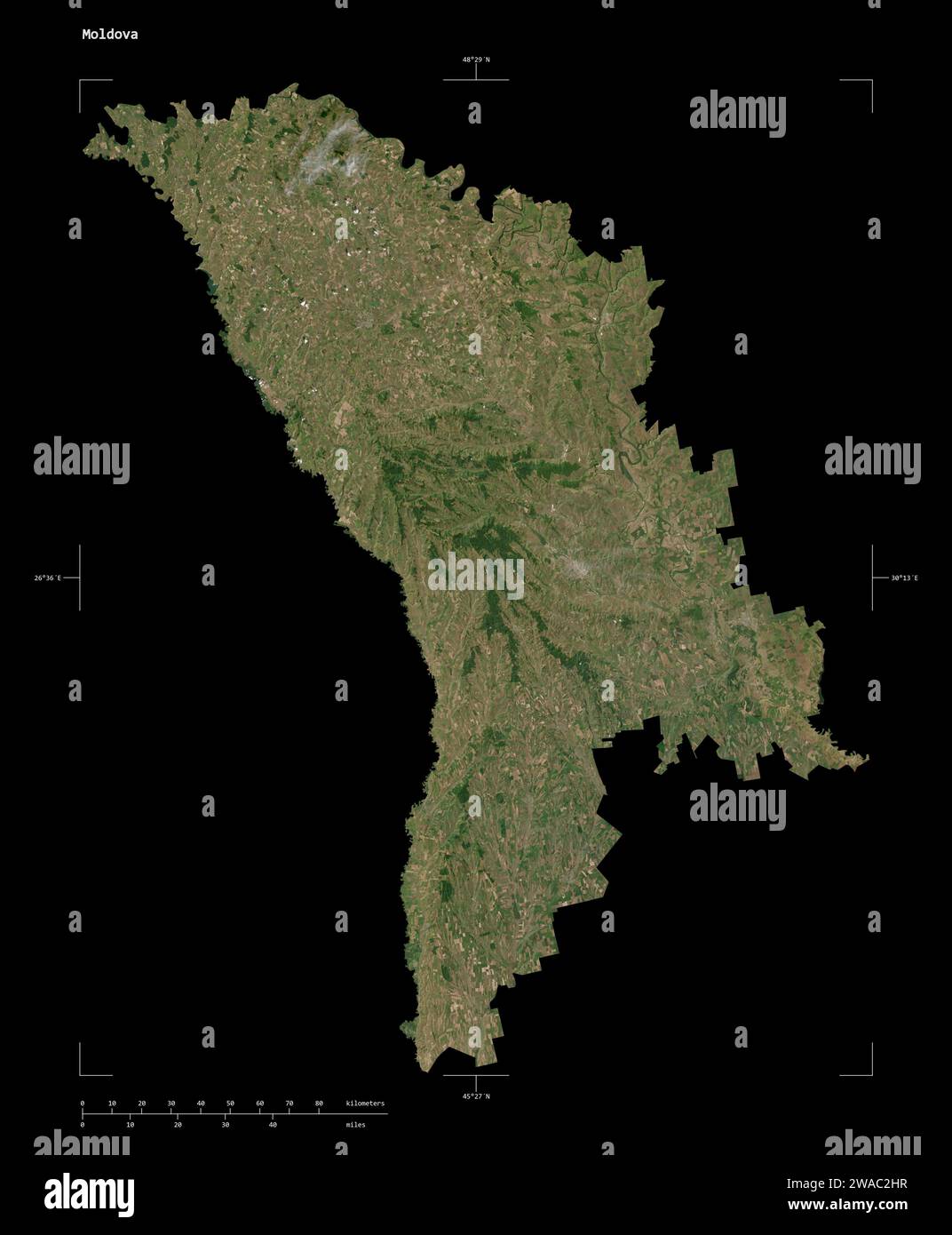 Shape of a low resolution satellite map of the Moldova, with distance ...