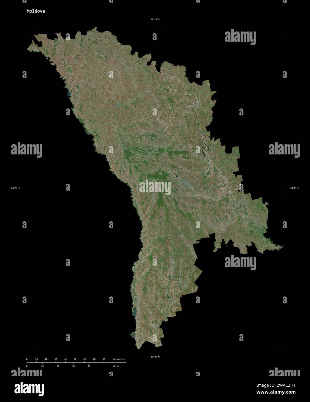 Shape of a high resolution satellite map of the Moldova, with distance ...