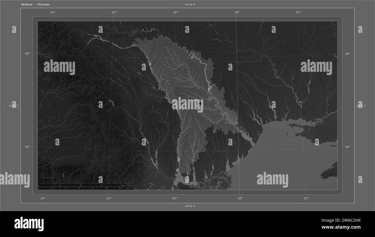 Moldova highlighted on a Grayscale elevation map with lakes and rivers ...