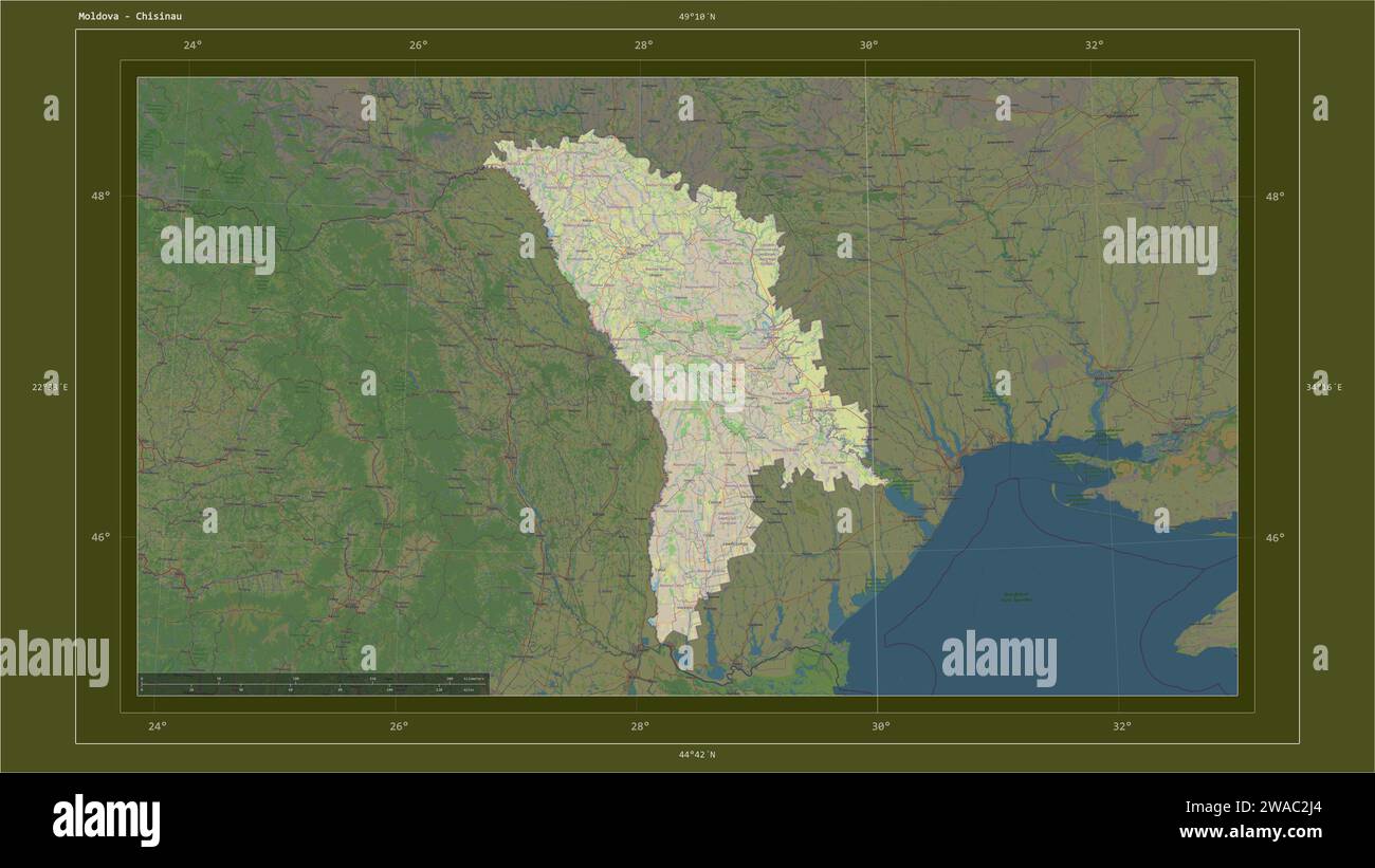 Moldova highlighted on a topographic, OSM standard style map map with ...
