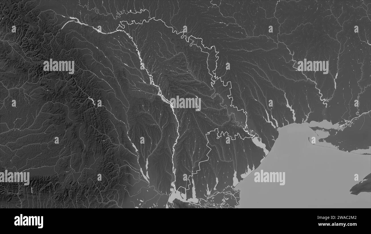 Moldova outlined on a Grayscale elevation map with lakes and rivers ...