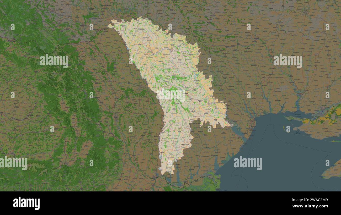 Moldova highlighted on a topographic, OSM France style map Stock Photo ...