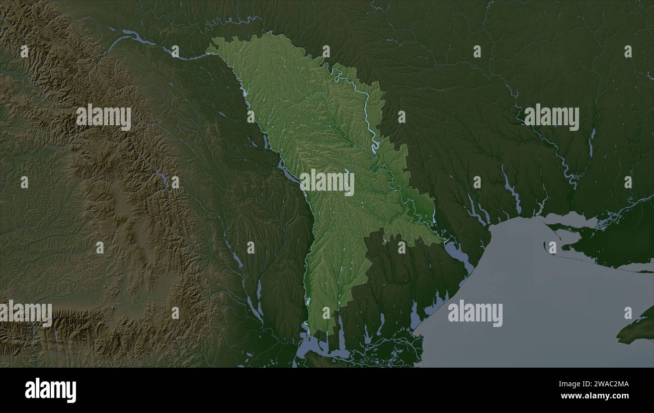 Moldova highlighted on a Pale colored elevation map with lakes and ...