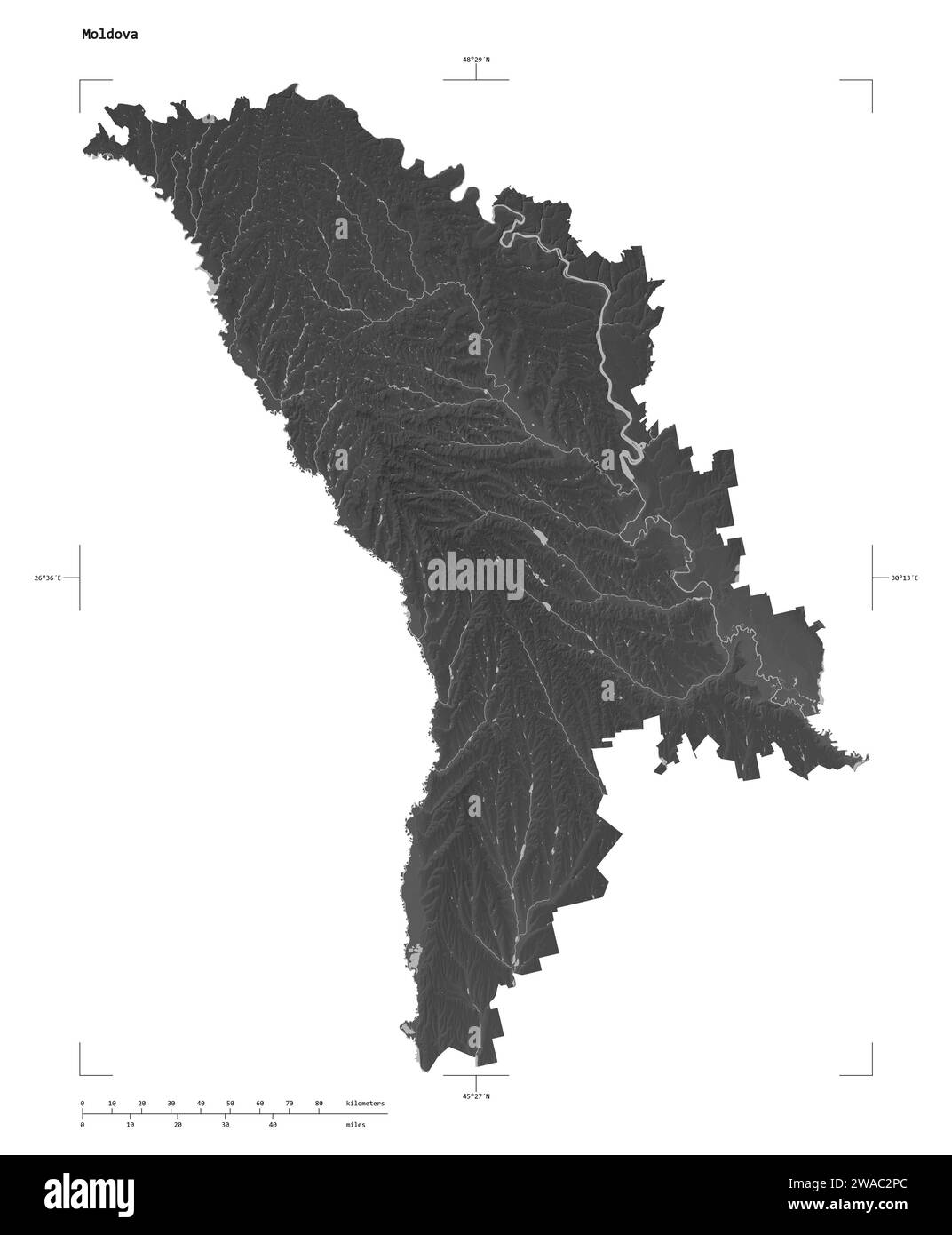 Shape of a Grayscale elevation map with lakes and rivers of the Moldova ...