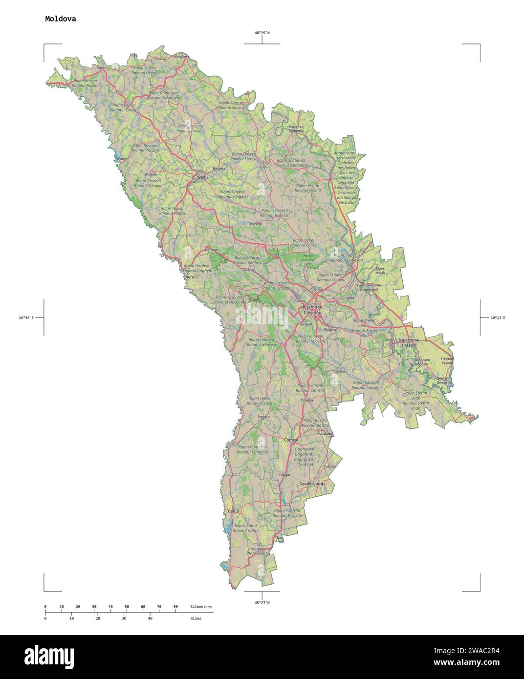 Shape of a topographic, OSM Germany style map of the Moldova, with ...