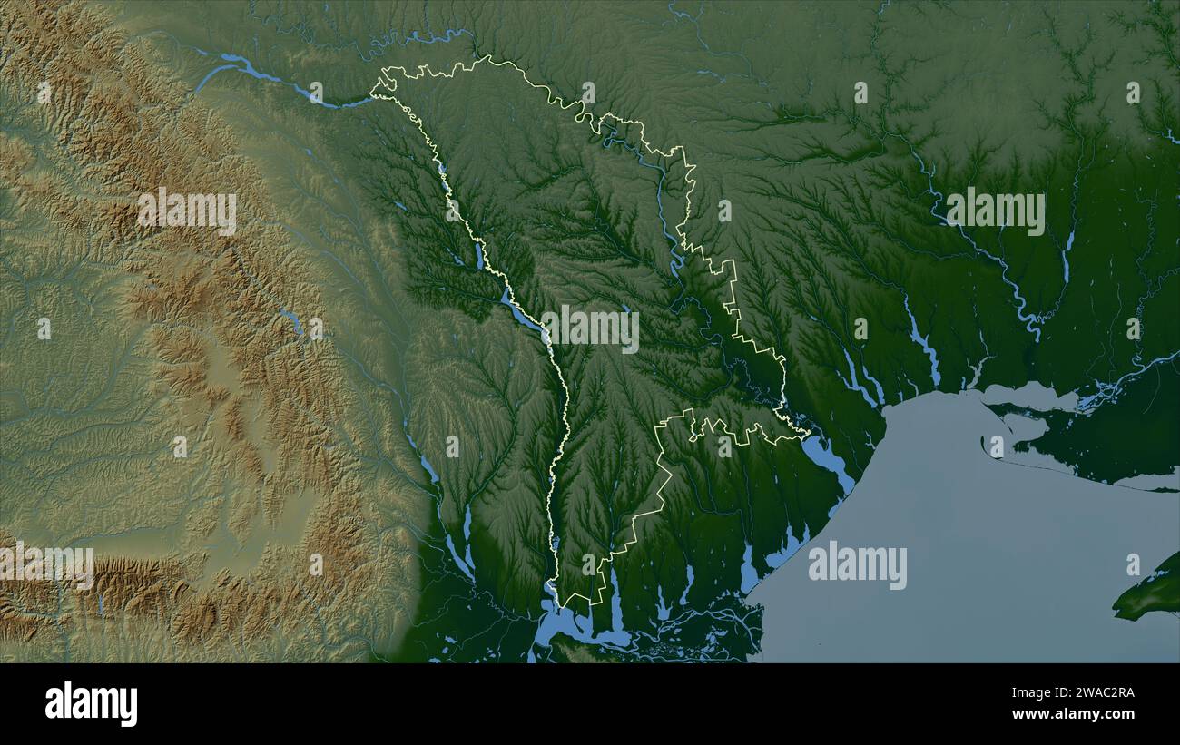 Moldova outlined on a Colored elevation map with lakes and rivers Stock ...