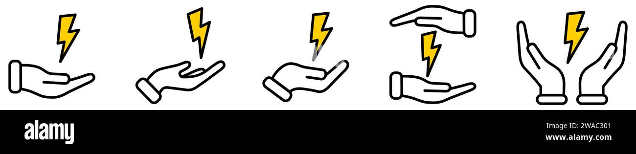 Yellow flash symbol above and in hands - give, hold or protect energy ...