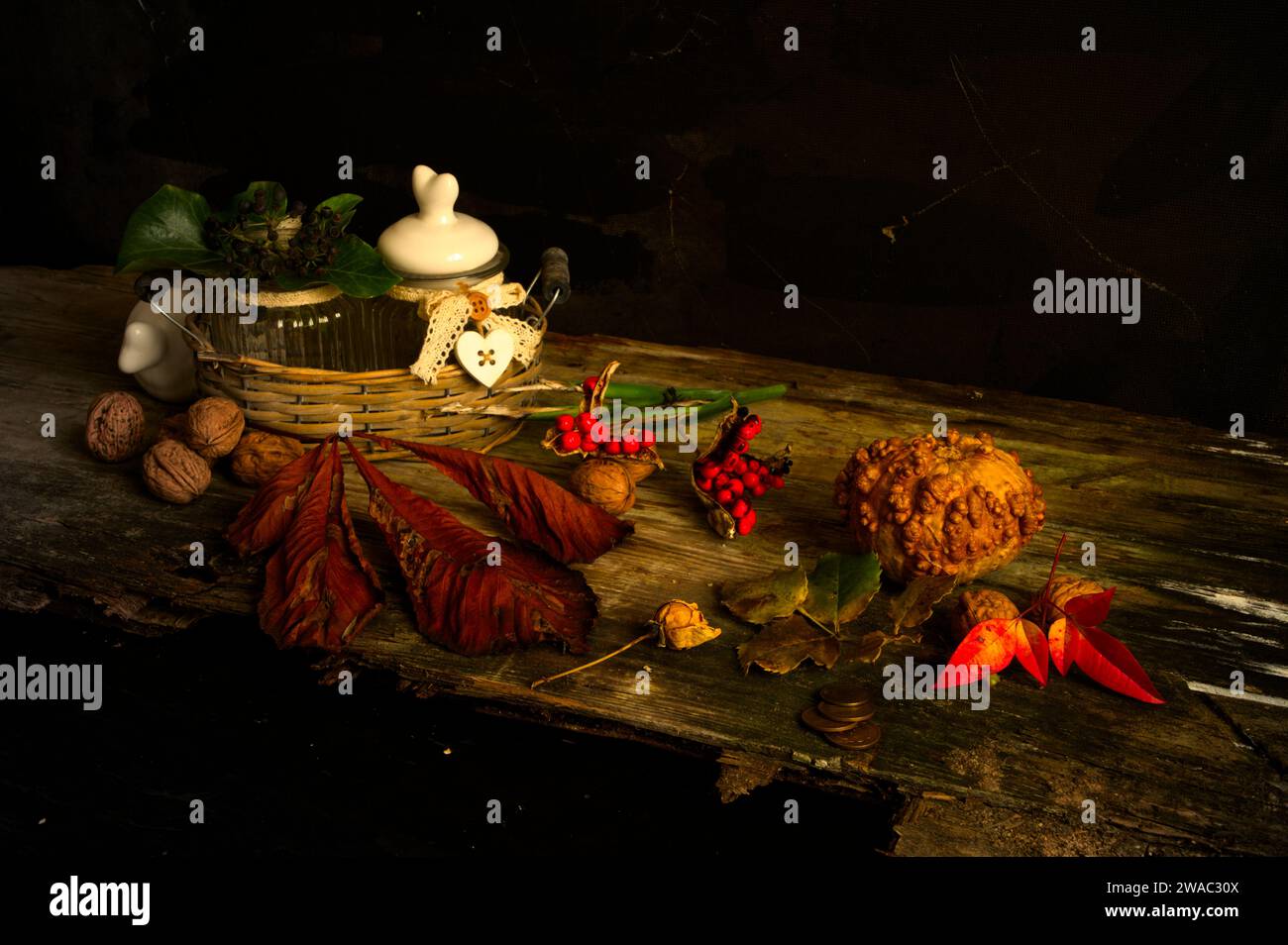 Flemish still life with food, flowers, seeds. Yellow and brown grading ...