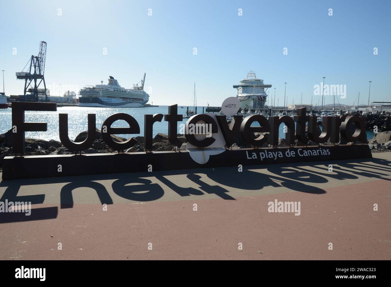 Fuerteventura Spain port ship water sea history sign signs fountain sun ...
