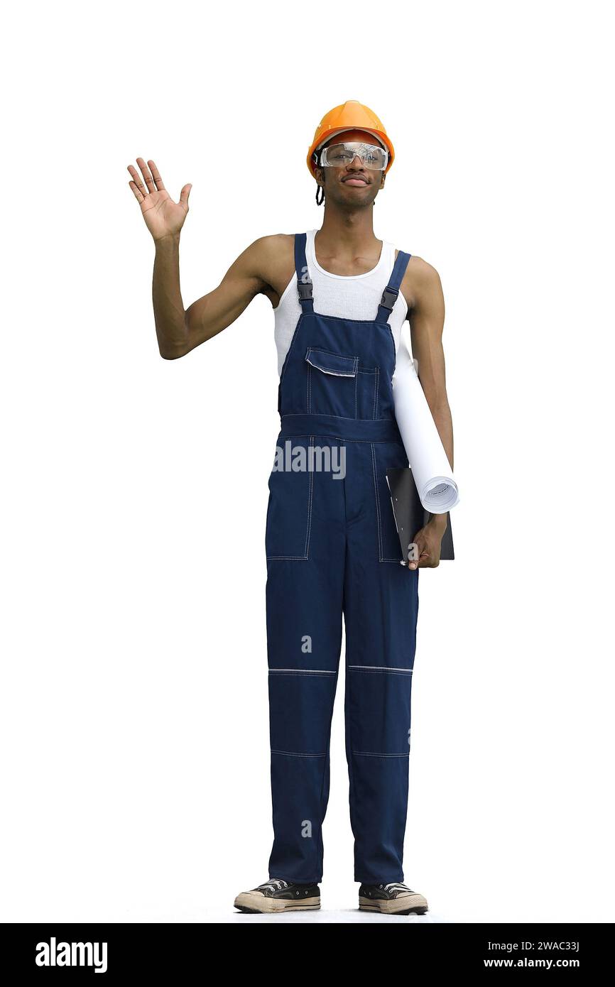 A male construction worker, on a white background, in full height ...