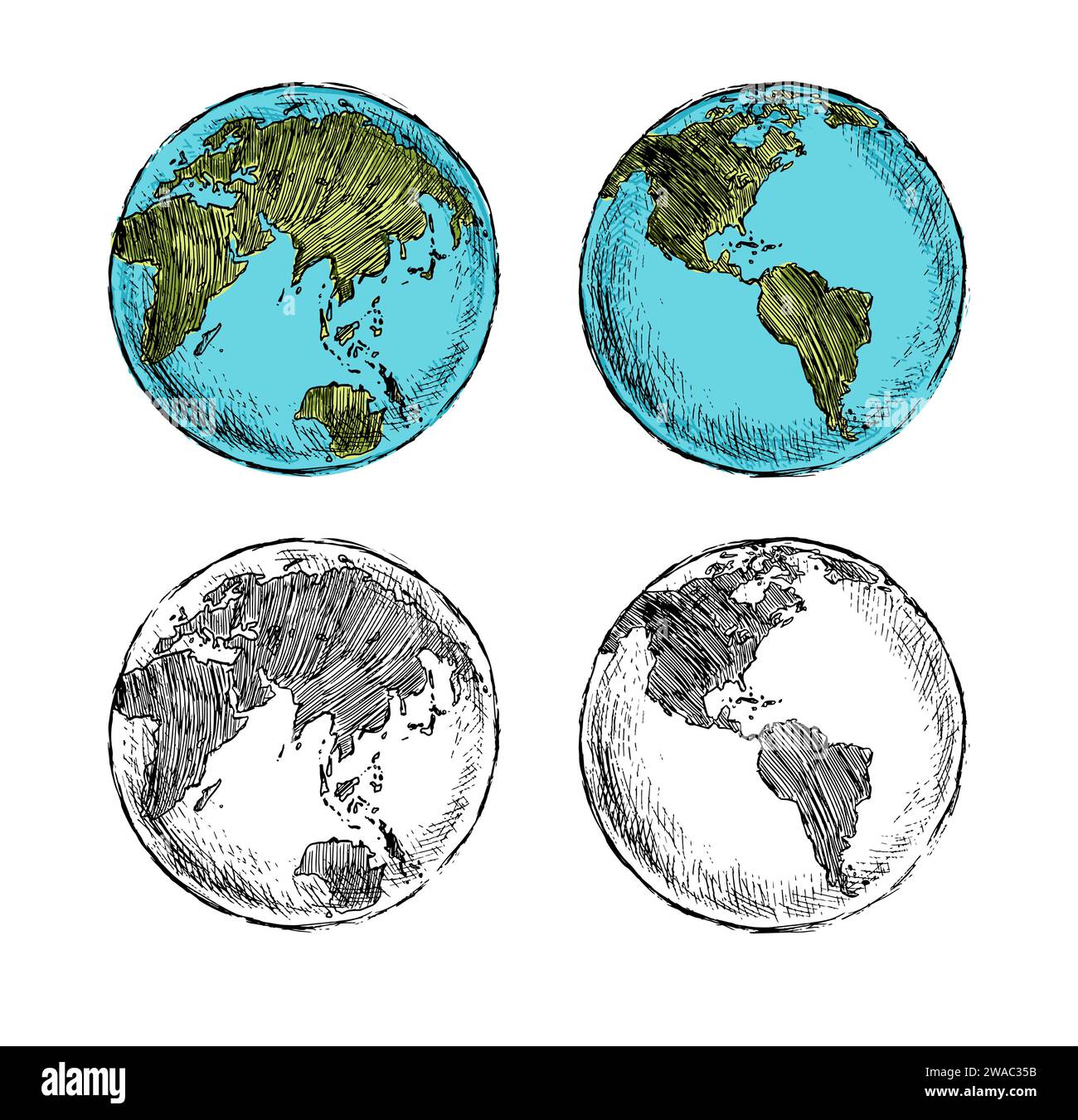 Vector Single Sketch Globe Illustration Isolation on White Background ...