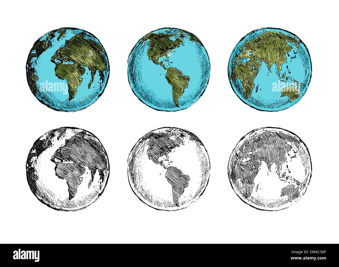 Vector Single Sketch Globe Illustration Isolation on White Background ...