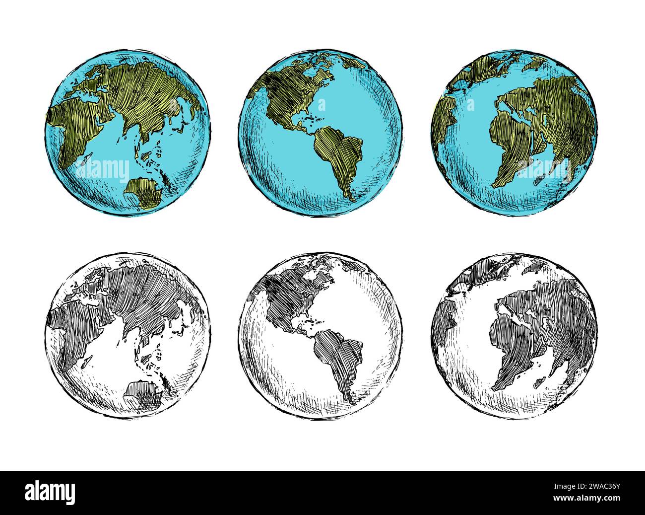 Vector Single Sketch Globe Illustration Isolation on White Background ...
