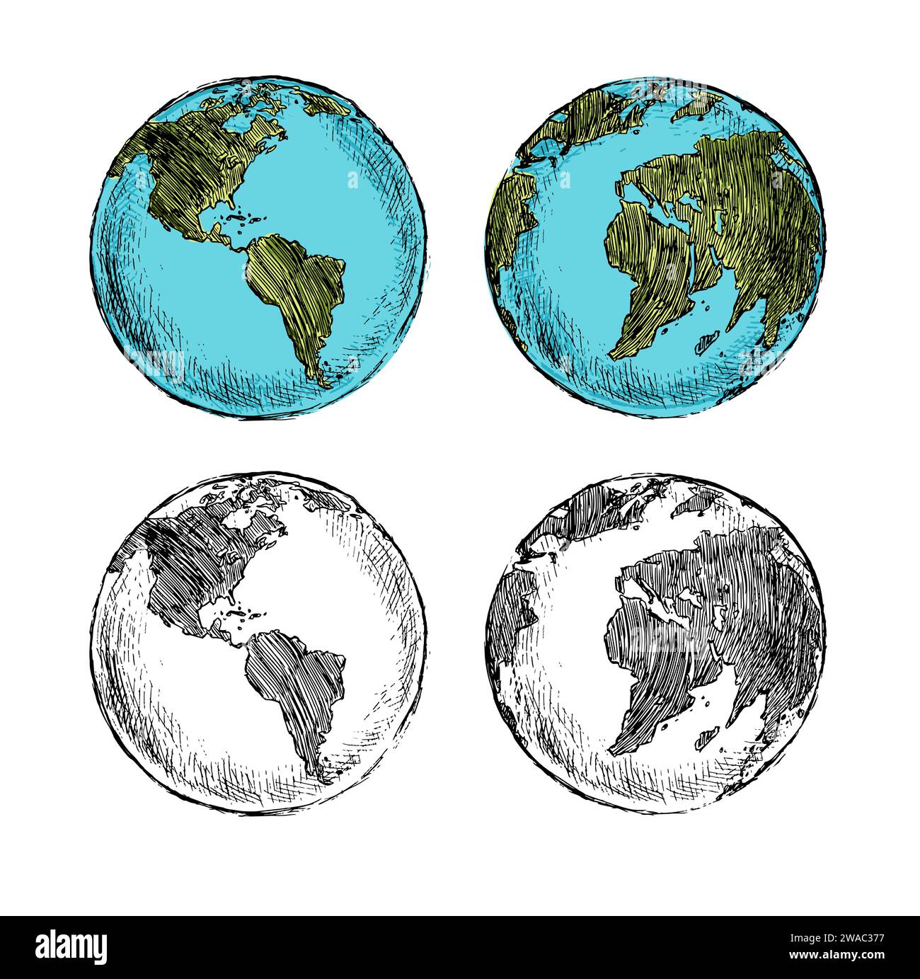 Vector Single Sketch Globe Illustration Isolation on White Background ...