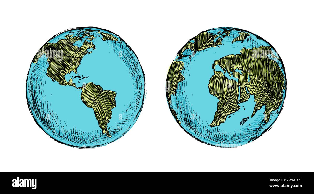 Vector Single Sketch Globe Illustration Isolation on White Background ...