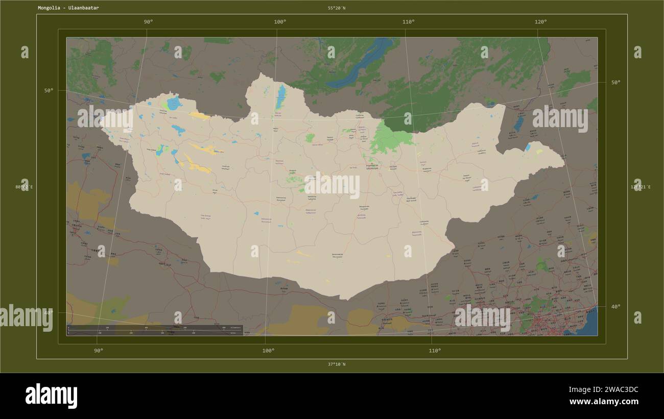 Mongolia highlighted on a topographic, OSM standard style map map with the country's capital ...