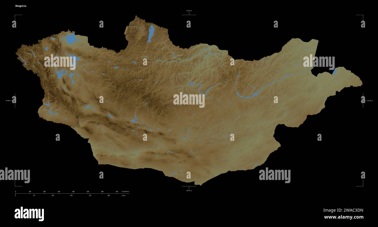 Shape of a Colored elevation map with lakes and rivers of the Mongolia ...