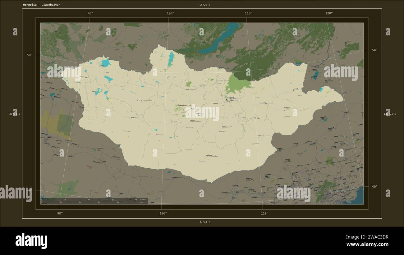 Mongolia highlighted on a topographic, OSM Humanitarian style map map ...