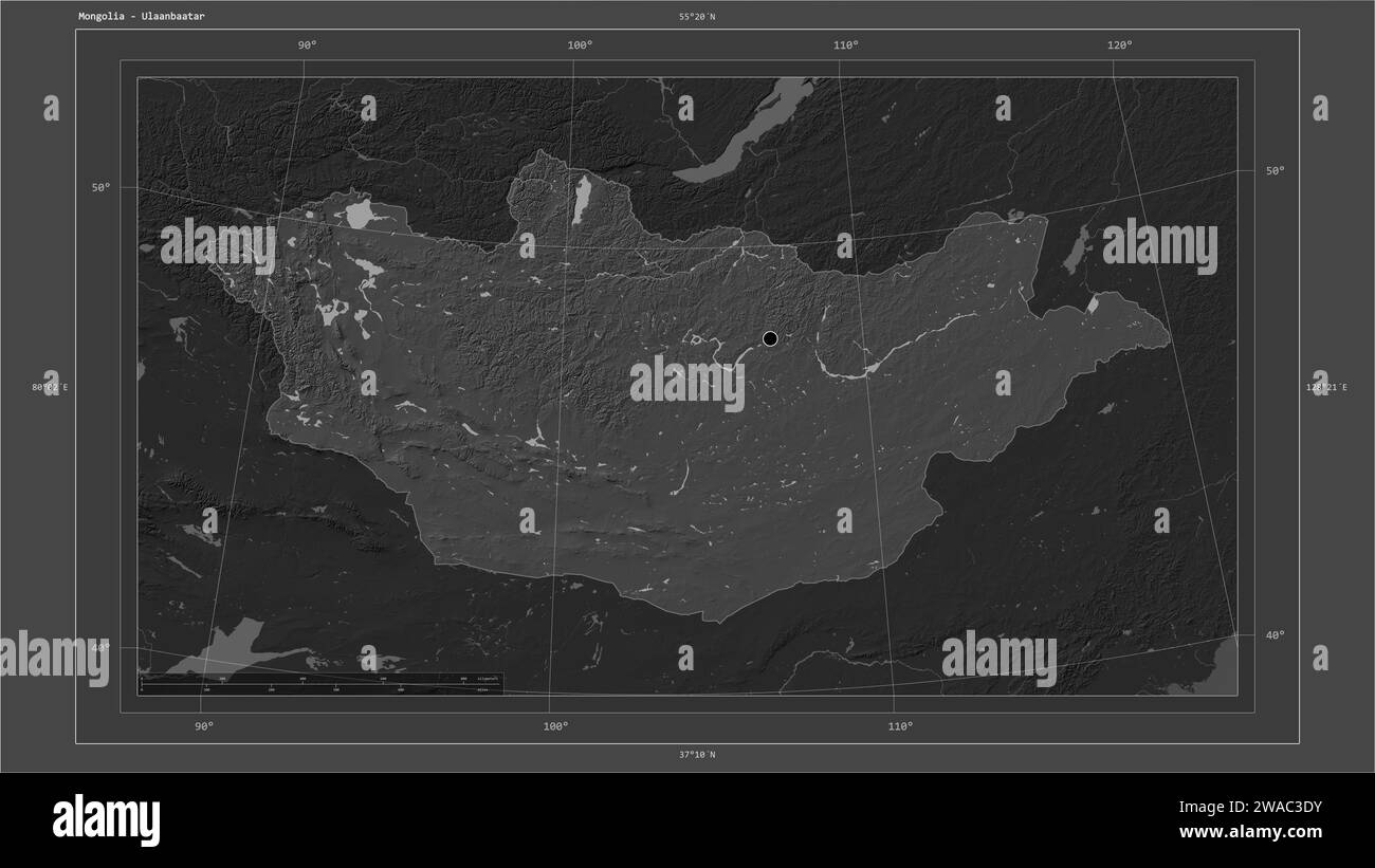 Mongolia highlighted on a Bilevel elevation map with lakes and rivers ...