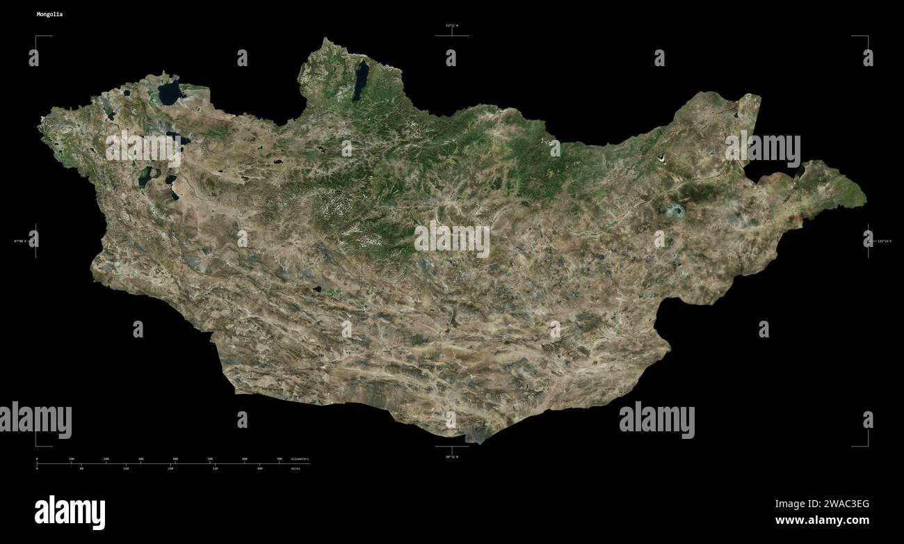 Shape of a high resolution satellite map of the Mongolia, with distance ...