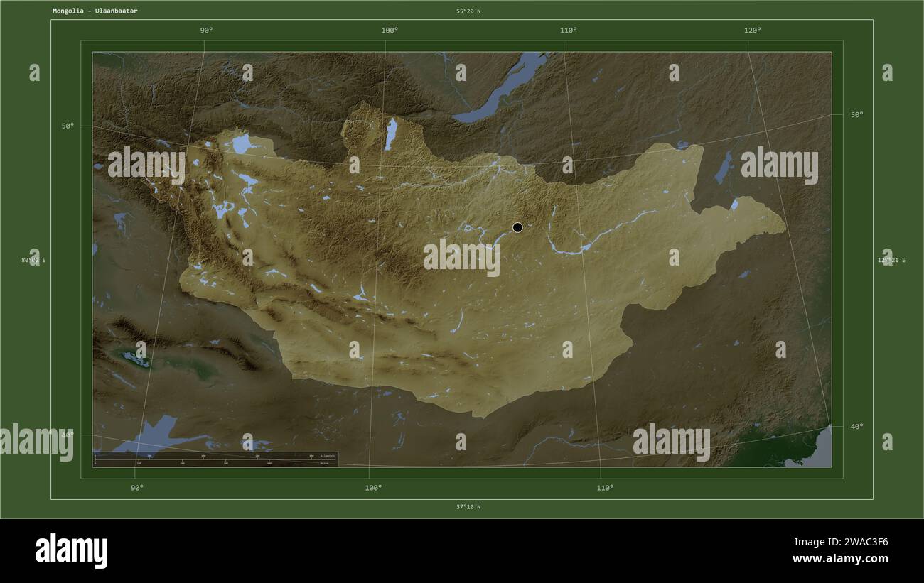 Mongolia highlighted on a Pale colored elevation map with lakes and ...
