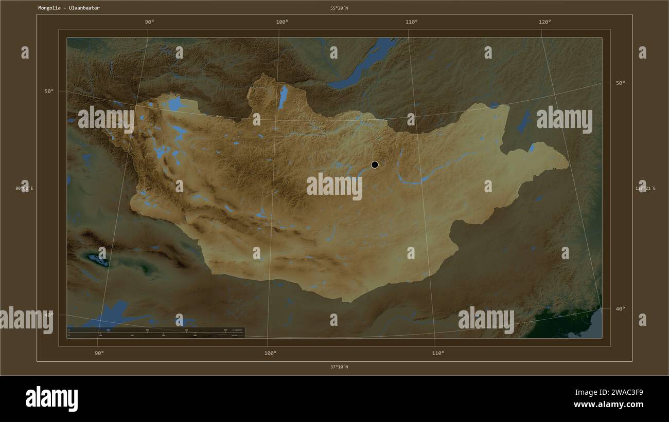Mongolia highlighted on a Colored elevation map with lakes and rivers map with the country's ...