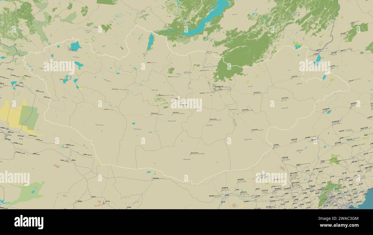 Mongolia outlined on a topographic, OSM Humanitarian style map Stock ...