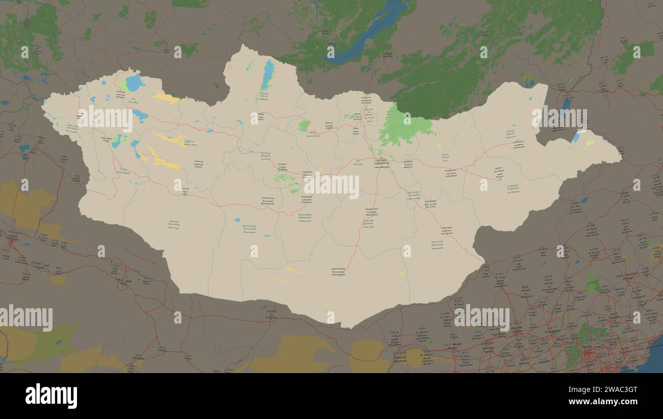 Mongolia highlighted on a topographic, OSM Germany style map Stock ...