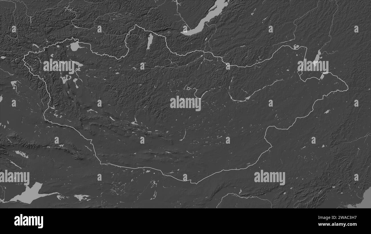 Mongolia outlined on a Bilevel elevation map with lakes and rivers ...